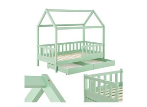 4260565527480 - Kinderbett Marli 80 x 160 cm mit Bettkasten 2-teilig Rausfallschutz Lattenrost & Dach - Massivholz Hausbett für Kinder - Bett in Mint - Juskys