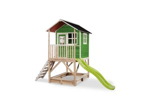 8718469460304 - Exit Toys Spielhaus Loft mit Veranda Sandkasten und Rutsche grün ca 118 x 328 x 255 cm