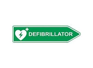 4260301052559 - Defibrillator-AED-Standort-Straßenschild Pfeilform rechtsweisend nachtleuchtend wetterfest Dibond-Druck L 600 x H 150 mm grün-weiß