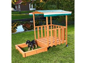 4250357313988 - Melko Sandkasten mit Spielveranda Abdeckung und Sonnenschutz für Kinder aus Holz 182 x 100 x 140 Sandbox mit Geländer Dach grün weiß