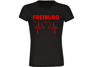 4068859107284 - multifanshop Damen T-Shirt - Freiburg - Herzschlag - Druck rot - Frauen