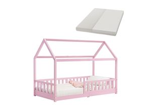 4260565527749 - Kinderbett Marli 90 x 200 cm mit Matratze Rausfallschutz Lattenrost & Dach - Massivholz Hausbett für Kinder - Bett in Rosa - Juskys