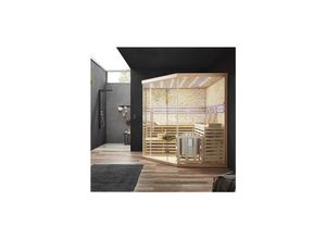 4058166010209 - Traditionelle Sauna mit Kunststeinwand skyline big xl - 200 x 200 cm für 6 Personen Sauna Saunakabine Ecksauna Massivholz - Home Deluxe