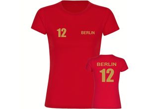 4068859497347 - multifanshop Damen T-Shirt - Berlin rot - Trikot Nummer 12 gold - Druck gold metallic - Frauen