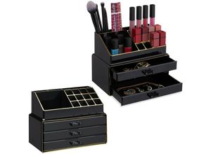 4052025363857 - Relaxdays - 2 x Make Up Organizer klein 2-tlg Schminkaufbewahrung mit Schubladen stapelbares Kosmetikregal Acryl schwarz gold