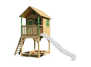 8717973937784 - - Spielhaus Sarah mit Sandkasten & weißer Rutsche Stelzenhaus in Braun & Grün aus fsc Holz für Kinder Spielturm mit Wellenrutsche für den Garten