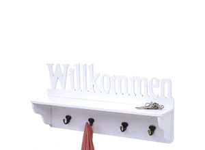 4057651276687 - Wandgarderobe MCW-D41 Willkommen Garderobe Regal 4 Haken massiv 30x60x13cm ~ weiß