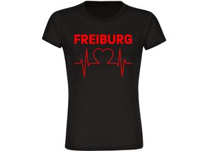 4068859107307 - multifanshop Damen T-Shirt - Freiburg - Herzschlag - Druck rot - Frauen