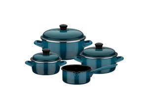 4005643190107 - Topf-Set Blue Shadow Emaille (Set 7-tlg je 1 Kochtopf 16 20 24 cm 1x Stielkasserolle 16 cm) Induktion blau