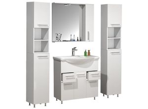 4051814427718 - 5-tlg Waschplatz Waschtisch Badmöbel Set Waschbecken Schubladen Drehtüren Spiegelschrank Hochschrank Lisalo XL