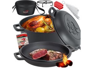 4260751942998 - KESSER® Dutch Oven 2in1 Gusseisen Topf 48L und Pfanne 18L einsatzfertig eingebrannt Inkl Kochbuch Schmortopf Doppelfunktion Deckel Bratpfanne für Küche Camping Garten BBQ Backen Gasgrill