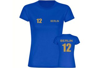 4068859495756 - multifanshop Damen T-Shirt - Berlin blau - Trikot Nummer 12 gold - Druck gold metallic - Frauen