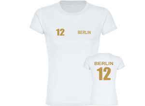 4068859497286 - multifanshop Damen T-Shirt - Berlin rot - Trikot Nummer 12 gold - Druck gold metallic - Frauen