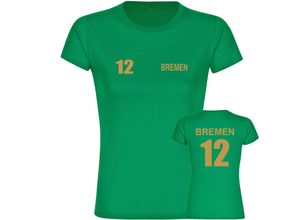 4068859504120 - multifanshop Damen T-Shirt - Bremen - Trikot Nummer 12 gold - Druck gold metallic - Frauen