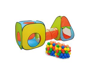 4057216040616 - Littletom - 3er Bällebad Zelt 200 Baby Bälle PopupTunnel Kinderzelt Spielzelt 260x90x100cm - bunt