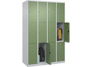 4067521353011 - 3er-Schließfachschrank Classic PLUS 4 Abteile lichtgrau   resedagrün B 1200 mm 12 Fächer mit Bodengleitern C+P