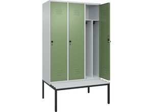 4066681793361 - Schwarz-Weiß-Spind Classic PLUS Sitzbank schmal 3 Abteile Trennwand verkürzt lichtgrau   resedagrün B 1200 mm Sicherheits-Drehriegel untergebaut Kunststoff C+P