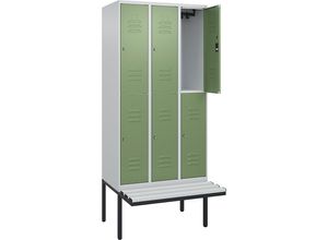 4066681799967 - Doppelstock-Spind Classic PLUS Sitzbank 3 Abteile lichtgrau   resedagrün B 900 mm Zylinderschloss auskragend Kunststoff C+P