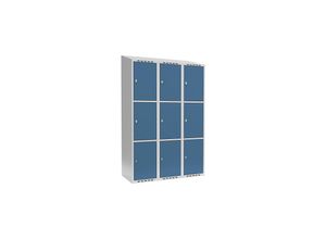 7042424834161 - 3er-Schließfachschrank Fydor 3 Abteile lichtgrau   brillantblau B 1200 mm 3 Abteile schräge Dachform Vorhängeschloss