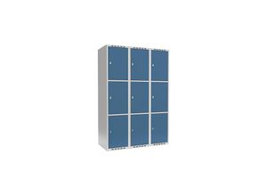 7042424834826 - 3er-Schließfachschrank Fydor 3 Abteile lichtgrau   brillantblau B 1200 mm 3 Abteile flache Dachform Vorhängeschloss