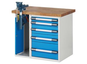 4061753257222 - eurokraft pro Werkbank Baukastensystem Serie 7000 5 Schubladen 1 Schraubstock linksseitig BxT 1000 x 700 mm