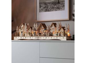 7318303250101 - Weihnachtsdorf KONSTSMIDE Weihnachtsdeko Weihnachtsdörfer Gr B H T 78 cm x 185 cm x 9 cm beige (naturfarben) Weihnachtskrippen Weihnachtsdörfer LED Holzsilhouette Dorf wählbare Energiefunktion