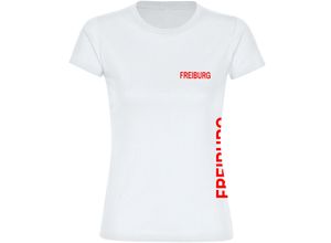 4068859076511 - multifanshop Damen T-Shirt - Freiburg - Brust & Seite - Druck rot - Frauen