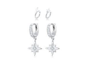 4050878591458 - Ohrring-Set ELLI Set Creolen Earcuff Sterne 925 Silber Ohrringe Gr OneSize mit Steinen Silber 925 (Sterlingsilber) silberfarben (silber weiß) Damen Schmucksets