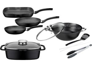 4005643800785 - Topf-Set Gourmet Granit Aluminiumguss (Set 7-tlg (3 Pfannen 1 Bräter 1 Multi-Wok 1 Kochzange 1 Pfannenwender) Induktion schwarz