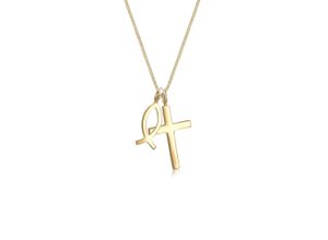 4050878570989 - Kette mit Anhänger ELLI Kreuz Fisch Symbol Religion 925 Silber Halsketten Gr 45 ohne Stein Silber 925 (Sterlingsilber) Länge 45 cm goldfarben (gold) Damen Ketten mit Anhänger