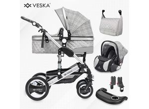 4054748017635 - VESKA® 3 in 1 Kombi-Kinderwagen Buggy Reisebuggy inkl Auto- Babyschale Jogger Faltbar - Silber - grau kariert