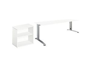 4251898813906 - 2 tlg Büromöbel-Set Select Login Schreibtisch B 1600 mm weiß weißaluminium RAL 9006 + Anstell- Aufsatz-Regal 2OH in Weiß