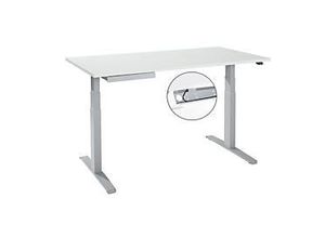 4251898813838 - Schreibtisch elektrisch höhenverstellbar T-Fuß B 1600 x T 800 x H 645-1290 mm lichtgrau weißaluminium + Kabelkanal Zubehörschublade