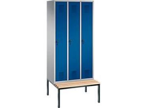 4063332637098 - Garderobenspind Evolo S 3000 Stahl m untergeb Sitzbank 3 Abteile m jew B 300 mm Sicherheitsdrehriegelverschluss weißaluminium RAL 9006 enzianblau RAL 5010