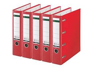 4002432448289 - LEITZ® Doppelordner 1012 2 x A5 Rückenbreite 75 mm Präzisions-Hebelmechanik Sichttasche für Rückenschild Griffloch Polypropylen rot 5 Stück