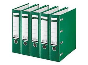 4002432448302 - LEITZ® Doppelordner 1012 2 x A5 Rückenbreite 75 mm Präzisions-Hebelmechanik Sichttasche für Rückenschild Griffloch Polypropylen grün 5 Stück