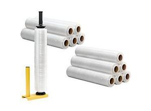 4250510817483 - Sparset Handabroller für Stretchfolie + 12 Rollen Stretchfolie Abroller für Rollen mit B 450-500 mm Stahl Stretchfolie L 300 m x B 500 mm PE