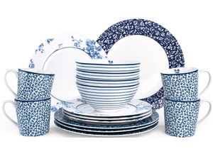 8717823826817 - Kombiservice LAURA ASHLEY BLUEPRINT COLLECTABLES Geschirr-Set Service China Rose Sweet Allysum Floris Candy Stripe Geschirr-Sets Gr 16 tlg weiß (weiß blau) Geschirr-Sets für 4 Personen 16 Teile