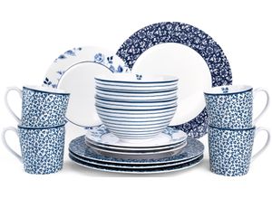 8717823826794 - Kombiservice LAURA ASHLEY BLUEPRINT COLLECTABLES Geschirr-Set Service China Rose Sweet Allysum Floris Candy Stripe Geschirr-Sets Gr 16 tlg weiß (weiß blau) Geschirr-Sets für 4 Personen 16 Teile