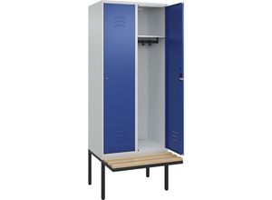 4066681826922 - Spind Classic PLUS Sitzbank 2 Abteile lichtgrau   enzianblau B 800 mm Zylinderschloss auskragend Buche-Hartholz C+P
