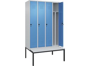 4066681793798 - Schwarz-Weiß-Spind Classic PLUS Sitzbank schmal 4 Abteile Trennwand verkürzt lichtgrau   lichtblau B 1200 mm Sicherheits-Drehriegel untergebaut Kunststoff C+P