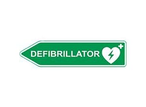 4260301052566 - Defibrillator-AED-Standort-Straßenschild Pfeilform linksweisend nachtleuchtend wetterfest Dibond-Druck L 600 x H 150 mm grün-weiß