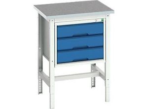 5039350033036 - Werkbank verso Linoleum-Platte mit Querstrebenset 3 Schubladen B 700 x T 600 x H 780 - 930 mm Lichtgrau   Enzianblau