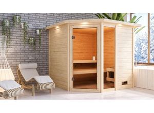 4010090387208 - Karibu Sauna Kühlungsborn mit Kranz SET naturbelassen mit Ofen 9 kW integr Strg