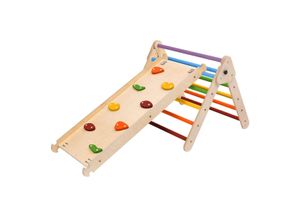 4751038481106 - KateHaa Kletterdreieck aus Holz mit Leiter & Kletterwand Regenbogenfarben Indoor Klettergerüst für Kinder Montessori Spielzeug - Braun