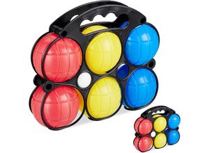 4052025281380 - Relaxdays - 2 x Boccia Spiel 12 Petanque Kugeln in 3 Farben Kunststoff mit 2 Zielkugeln & Tragekorb Boule Set für Kinder bunt