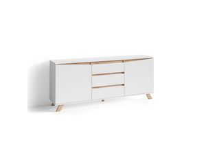 4251942206326 - Byliving - Sideboard valentin   Kommode matt weiß mit Absetzung in Eiche-Optik   Schrank mit 2 Türen und 3 Schubkästen   Im Scandi-Style   Grifflos  