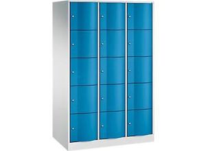 4050646455173 - C+P XL-Schließfachschrank Resisto H1950xB1148xT640 Korpus Lichtgrau Türen Lichtblau 3 Abteile 15 Fächer