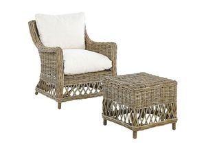 4251682280815 - Beliani - Gartensessel Natürlich Rattan mit Hocker 2 Auflagen Cremeweiß Baumwolle Terrasse Balkon Außen Wohnzimmer Gartenzubehör im Retro Stil