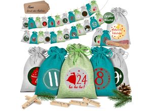 4255598302685 - KESSER® Adventskalender zum Befüllen 24 Jutebeutel Gedruckte Stoffbeutel Kinder Weihnachtskalender zum Selber Befüllen Inkl 24x Schildchen + 1 Großer Aufbewahrungsbeutel Stoff